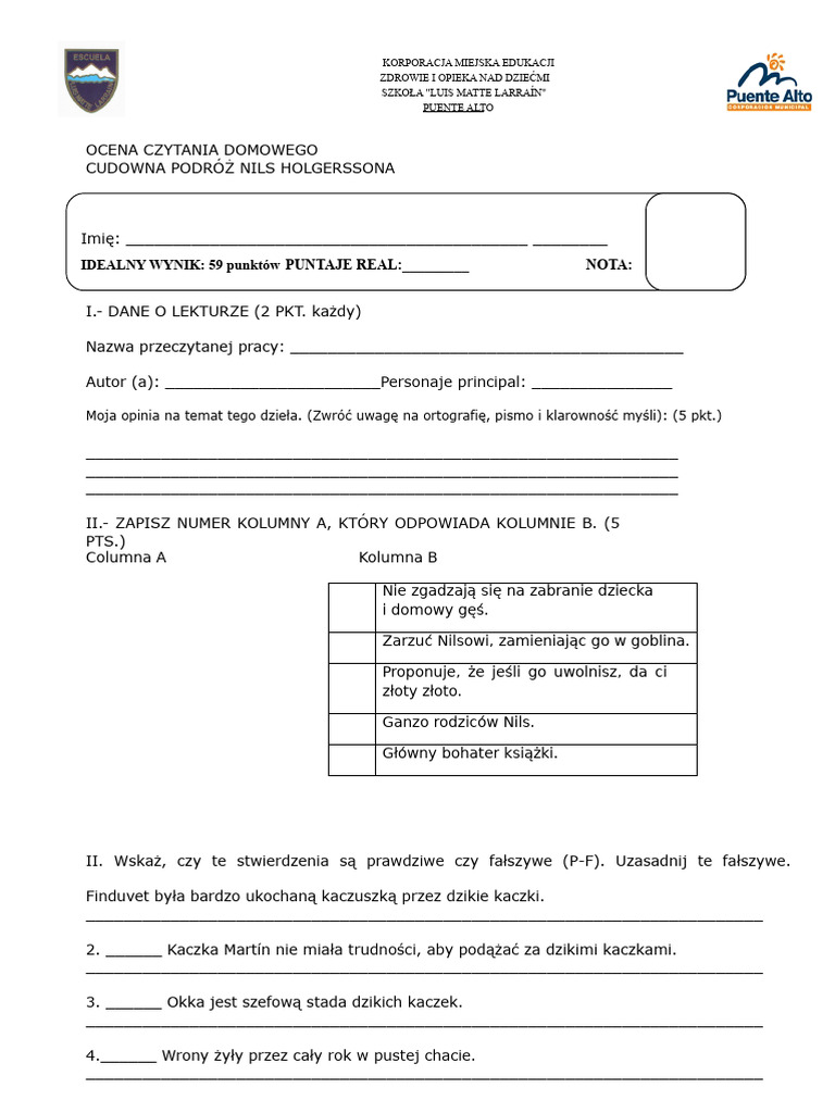 Test Książki Cudowna Podróż Nils Holgerson 5 To | PDF