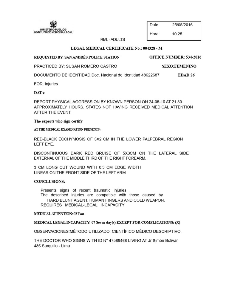 Medical Certificate for Assault Injuries | PDF