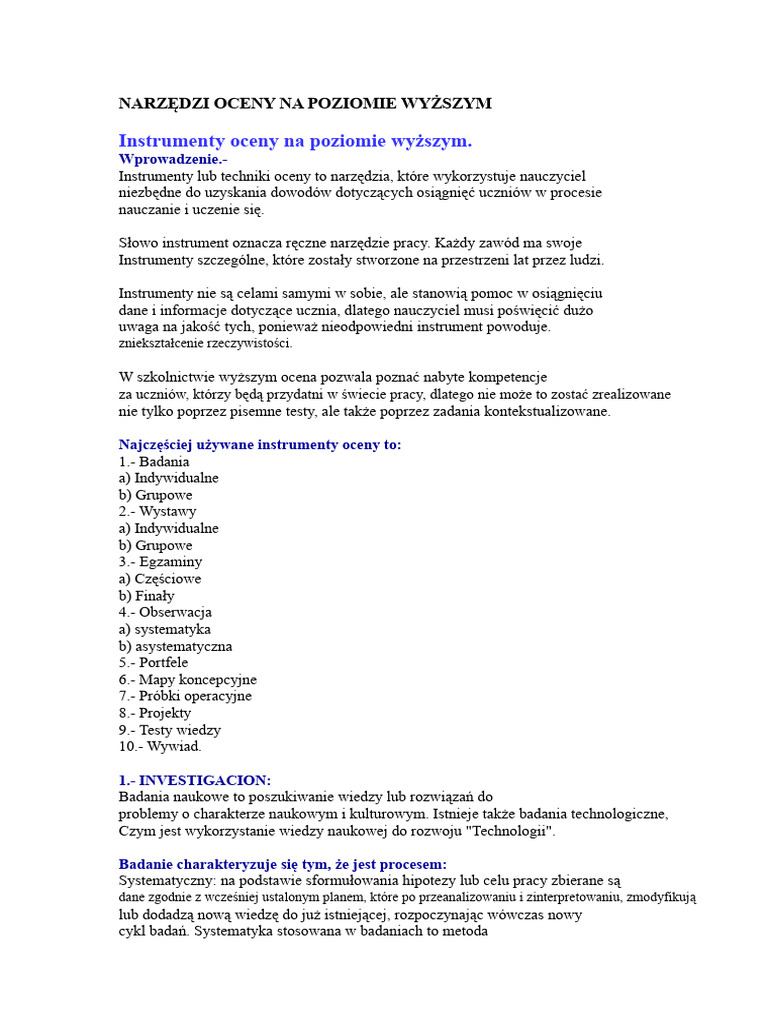 Instrumenty oceny na poziomie wyższym | PDF