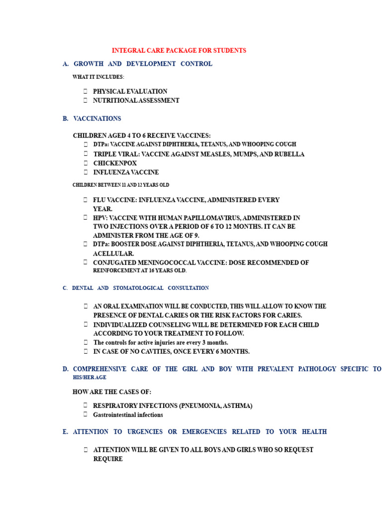 Comprehensive Care Package For Schoolchildren | PDF | Vaccines ...