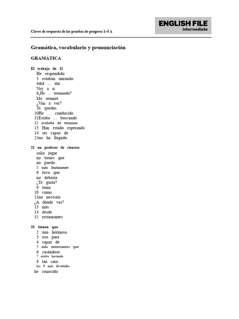Archivos de Prueba de Progreso 1 5 Clave de Respuestas A. Gramática ...