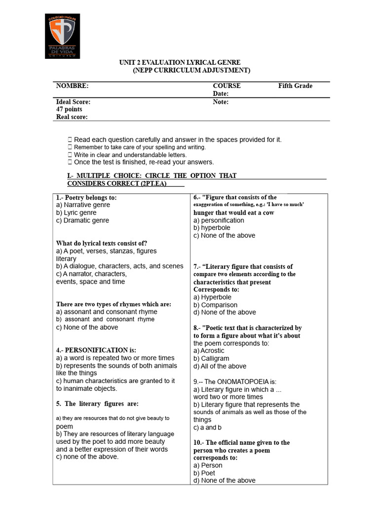 Unit 2 Assessment Lyric Genre FRIDAY Fifth Grade | PDF | Poetry | Genre