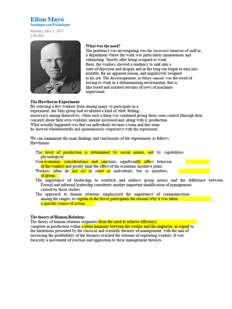 Elton Mayo's Human Relations Theory | PDF | Employment | Leadership