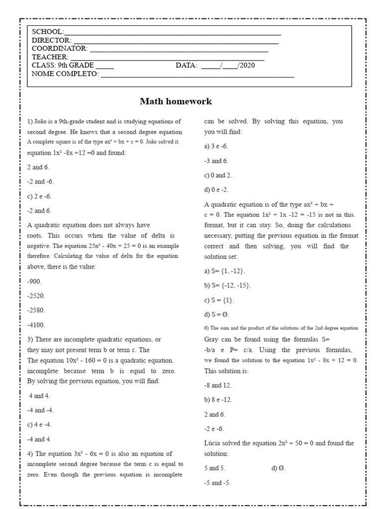 math homework 9th grade 1 | PDF | Quadratic Equation | Mathematics