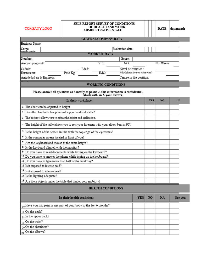 Self-Report Survey On Health and Work Conditions | PDF | Arthritis | Joint