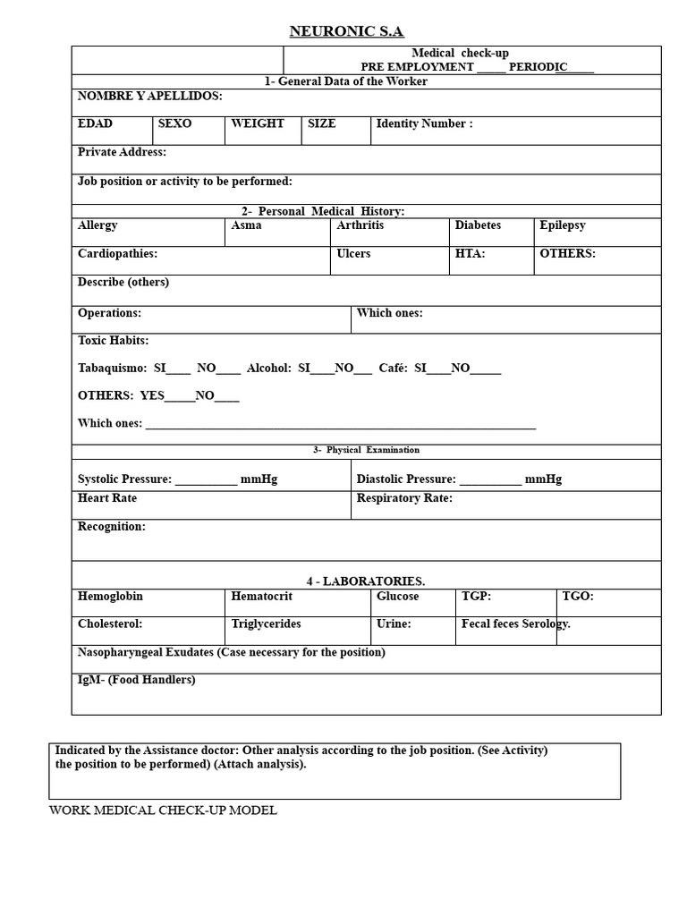 Pre-Employment and Periodic Medical Checkup Model Cneuro | PDF ...
