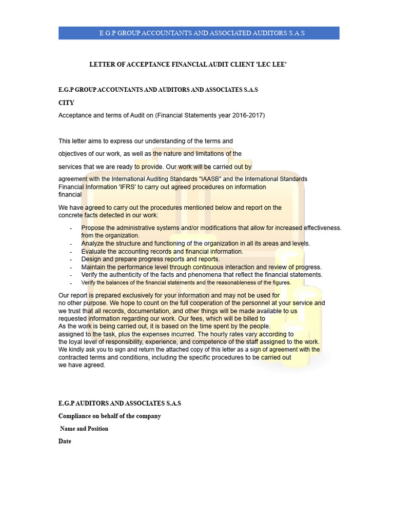 Letter of Acceptance Financial Audit Client PDF | PDF