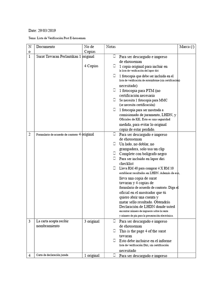 Checklist Documentos Post E-houseman | PDF
