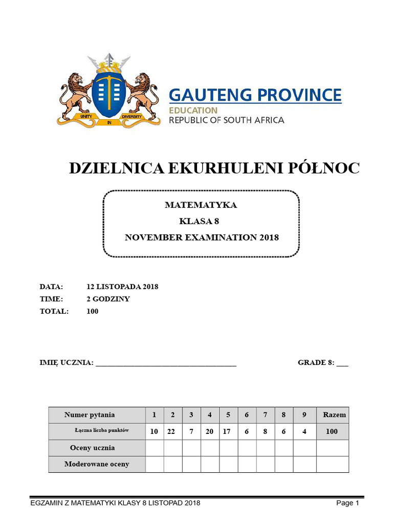 Matematyka QP Klasa 8 Listopad 2018 | PDF