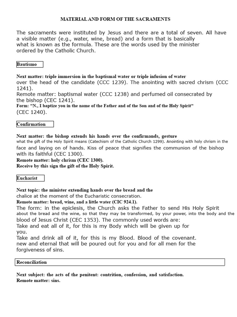 Matter and Form of The Sacraments | PDF | Confirmation | Sacraments