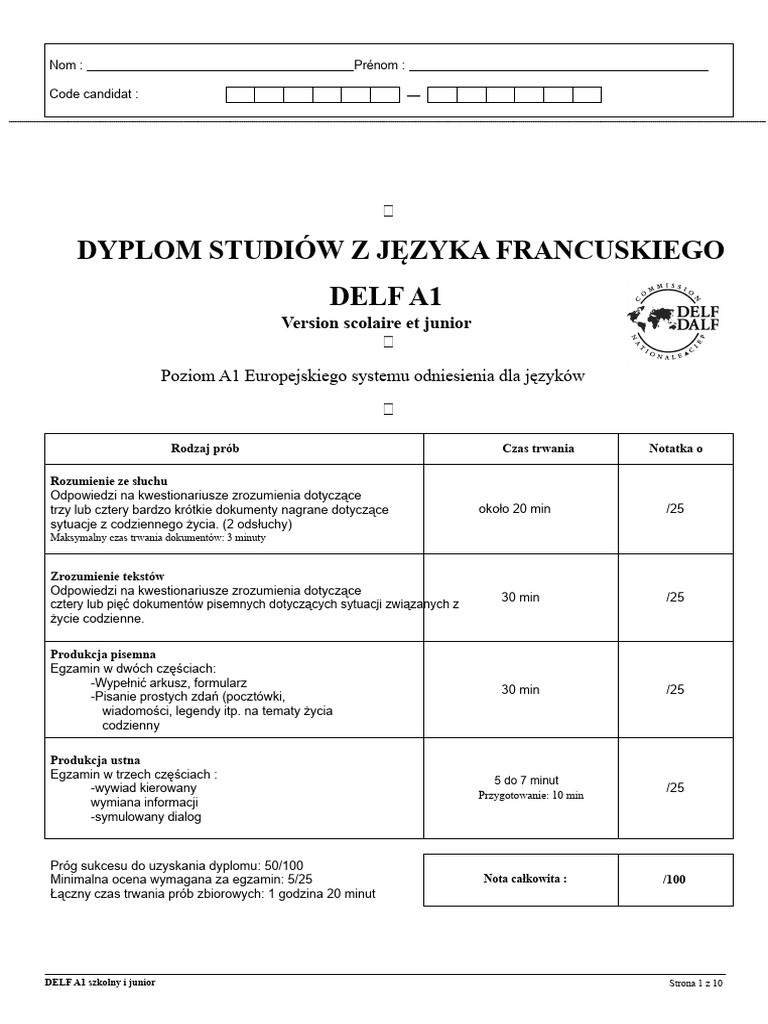 Przykład 1 Temat Delf A1 Junior 1 11 | PDF