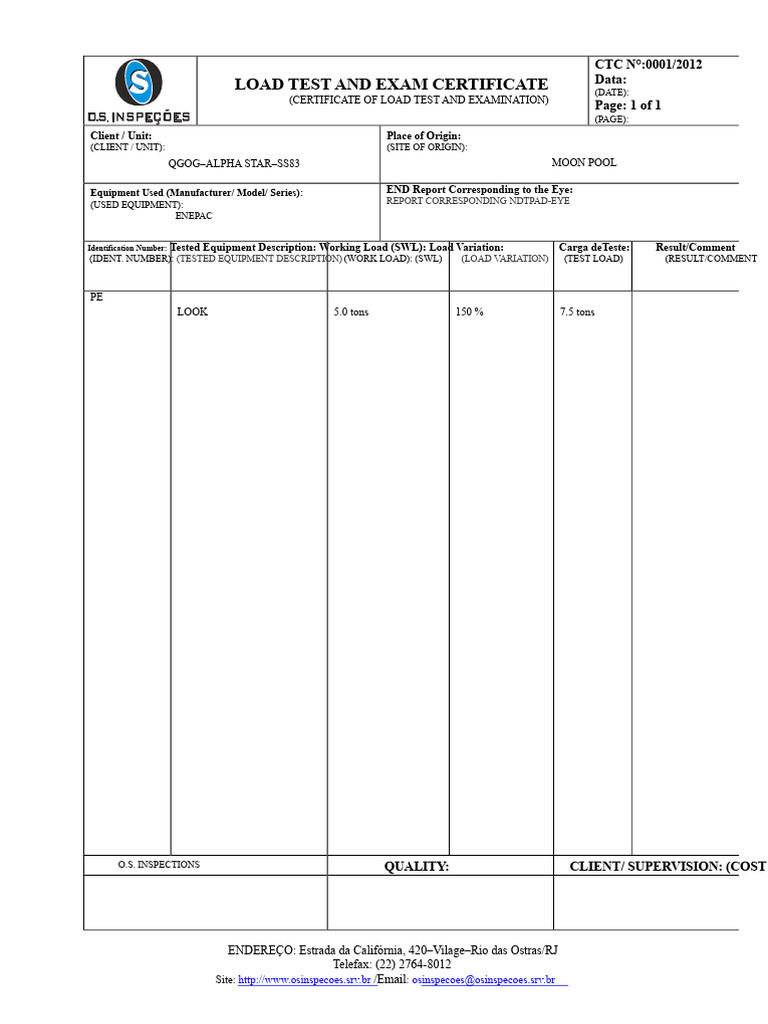 Load Test Certificate | PDF