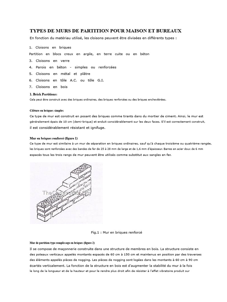 Types de cloisons pour maisons et bureaux | PDF | Brique | Mur