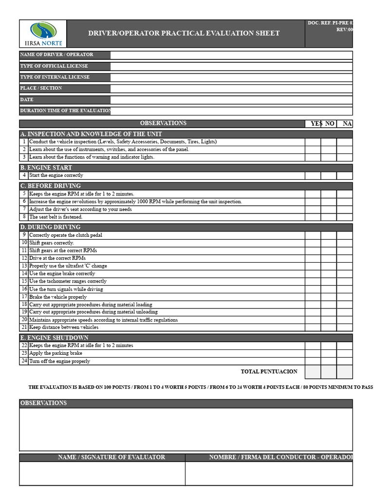 Driver Operator Evaluation Sheet | PDF
