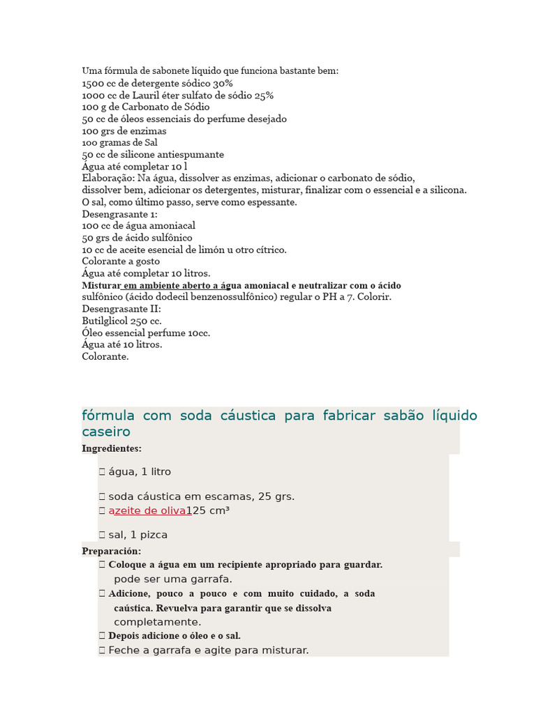Uma Fórmula de Sabão Líquido Que Funciona Muito Bem | PDF | Hidróxido ...