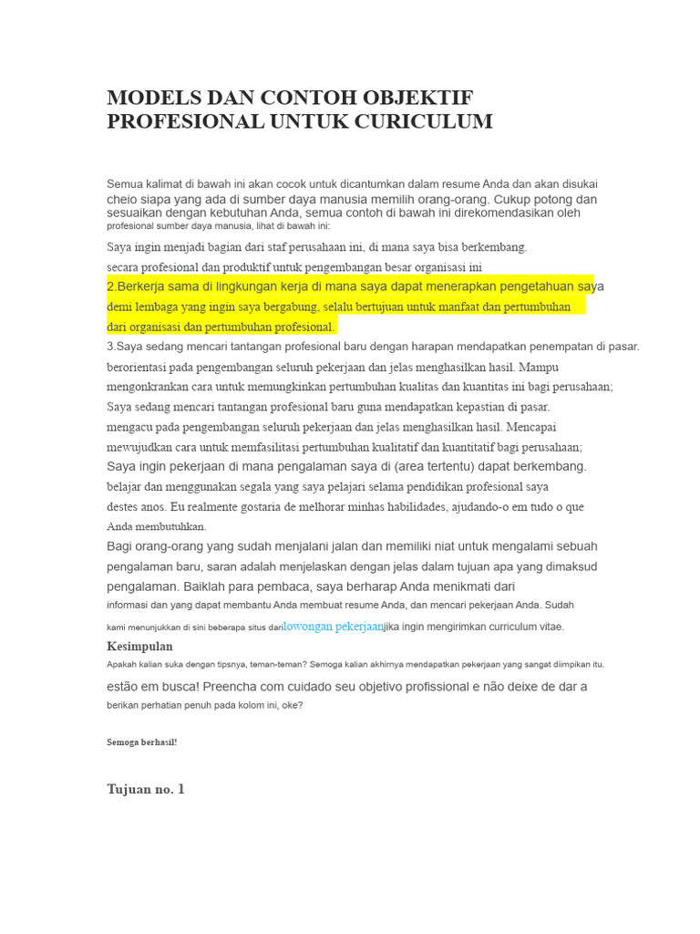 Contoh Tujuan Profesional untuk CV | PDF