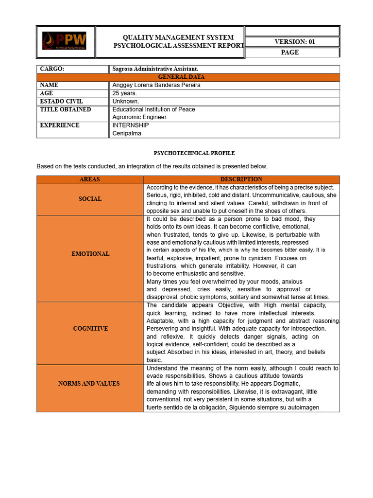 Psychological Assessment Report Summary | PDF | Communication | Memory