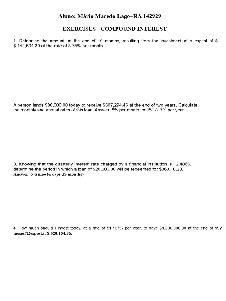 Compound Interest Exercises | PDF | Interest | Compound Interest