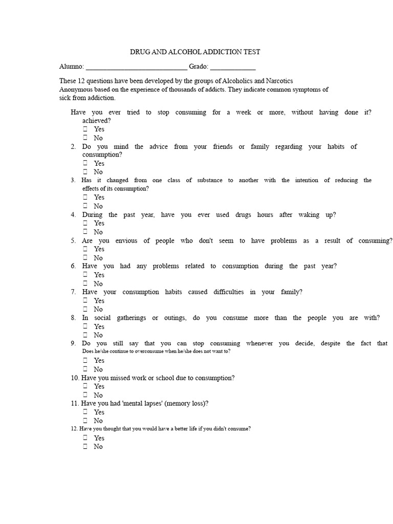 Drug and Alcohol Addiction Self-Test | PDF | Substance Dependence ...