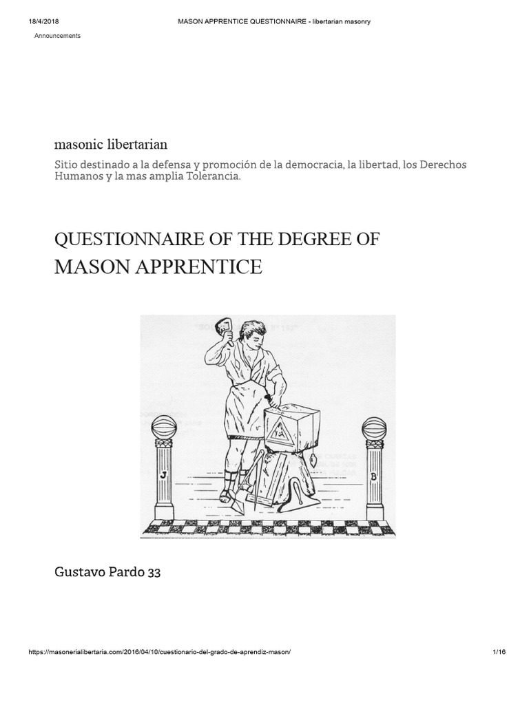 Questionnaire of the Degree of Mason Apprentice - Libertarian Masonry ...
