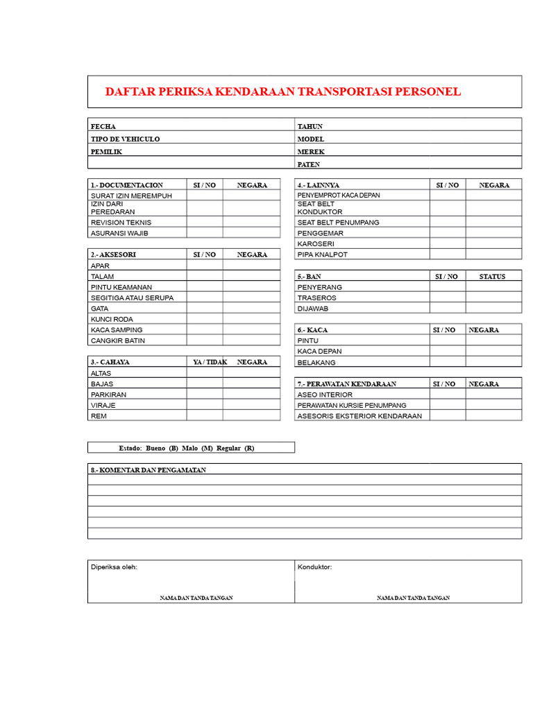Daftar Periksa Kendaraan Transportasi | PDF