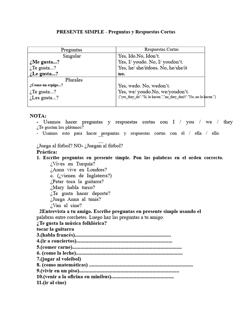 Presente Simple - Doc Preguntas y Respuestas Cortas | PDF