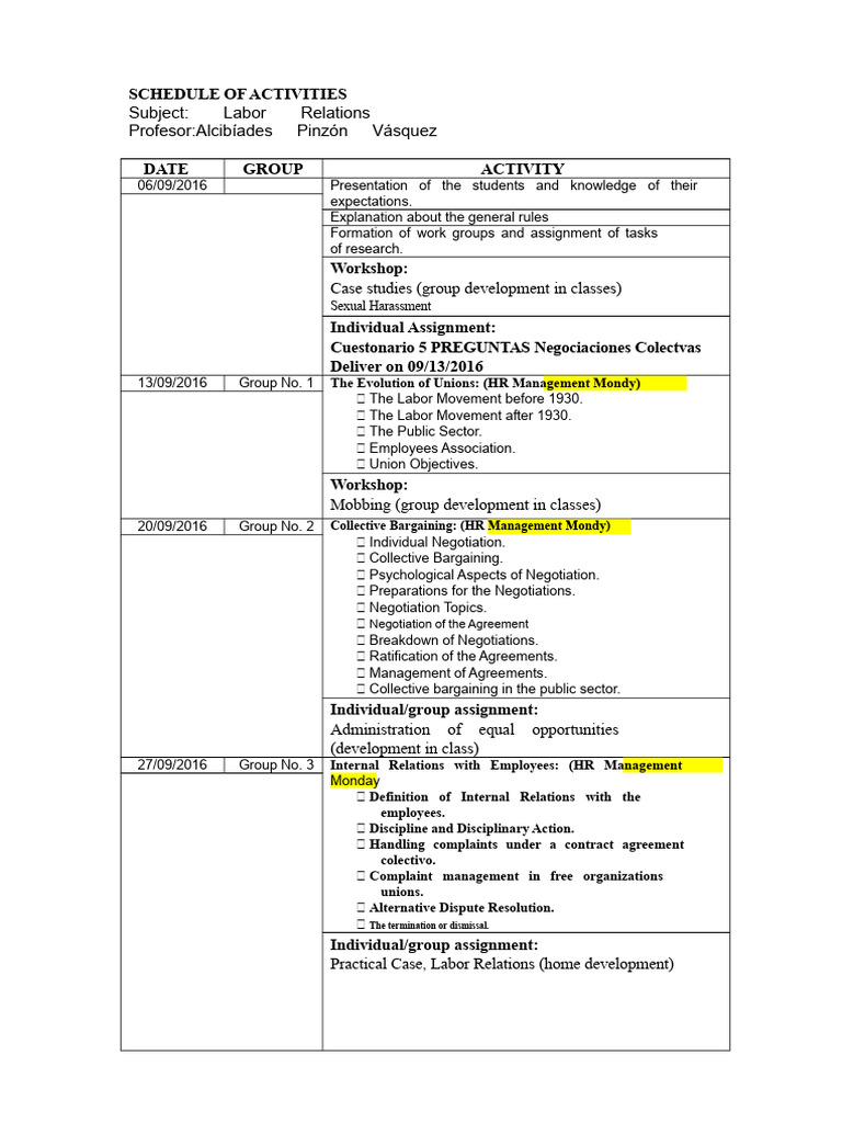 Schedule of Activities - Labor Relations Iii 2016 | PDF | Employment ...