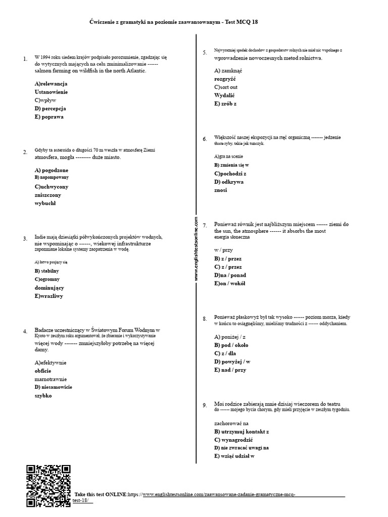 841 Zaawansowane Zadanie Gramatyczne Test MCQ 18 | PDF