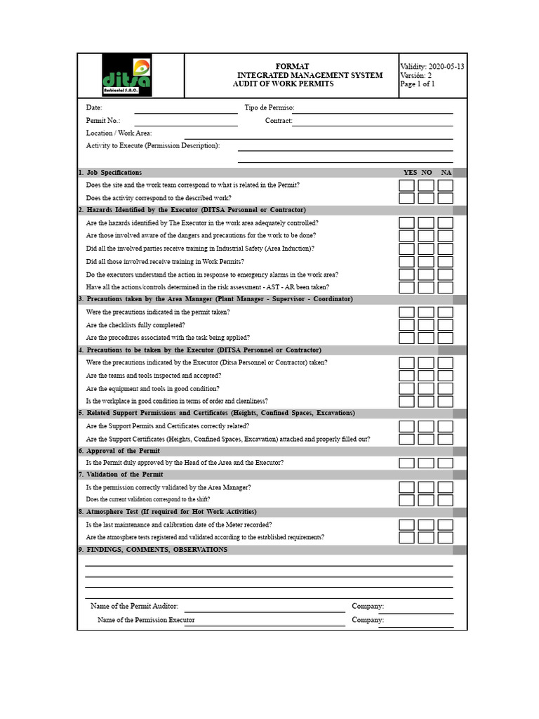 Audits Format Work Permits Ditsa V.1 | PDF | Audit | Occupational Safety And Health
