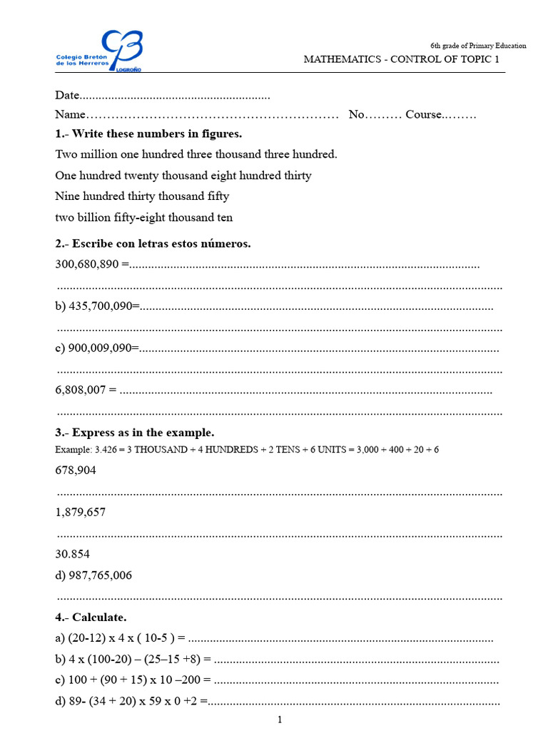 Mathematics Tests 6th Grade Primary | PDF | Area | Numbers