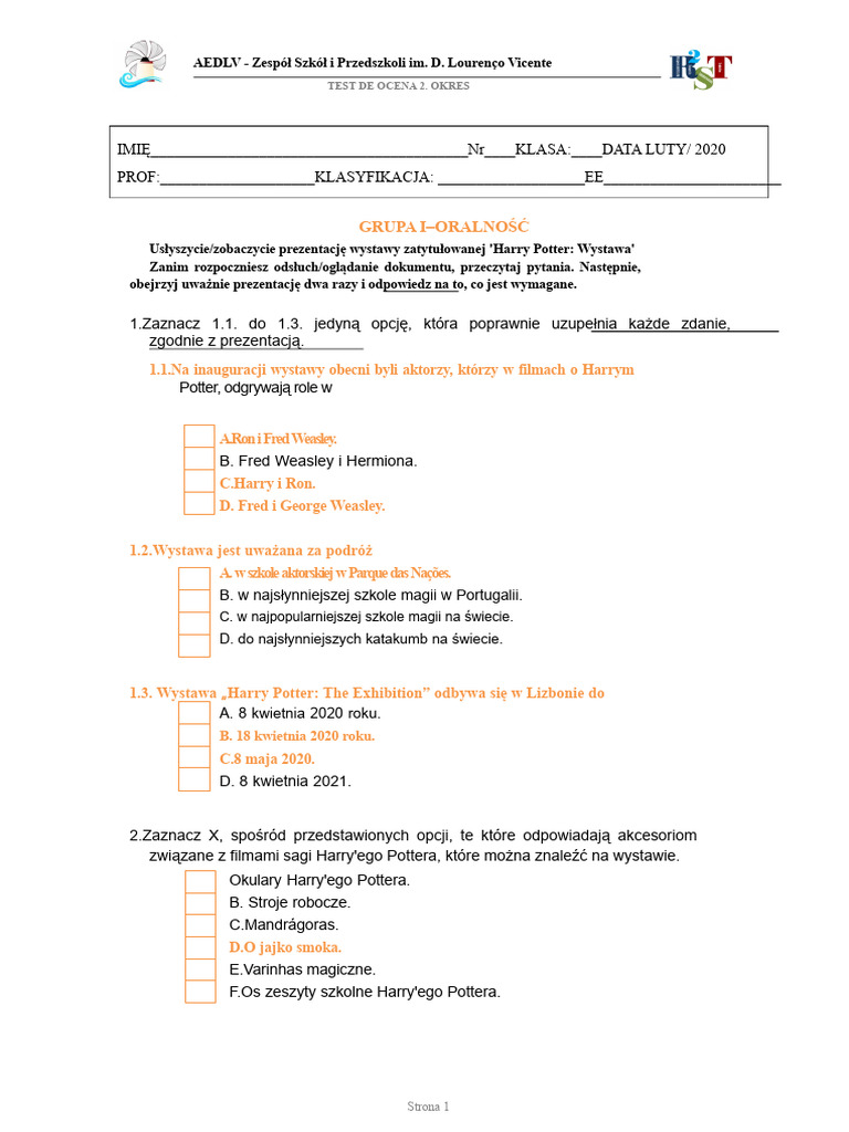 Test 2 Okres - 5 Rok - Test Główny Luty 2020 | PDF