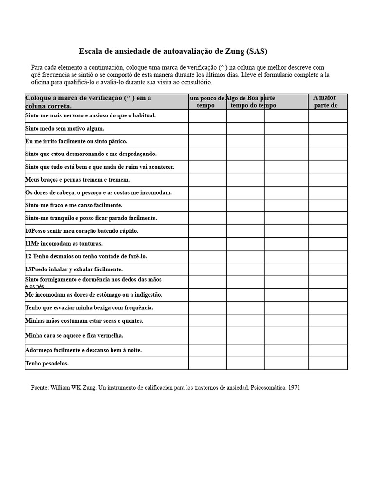 Escala de Ansiedade de Zung: Autoavaliação | PDF