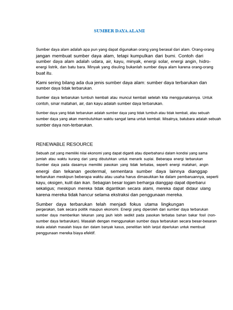 Jenis dan Contoh Sumber Daya Alam | PDF