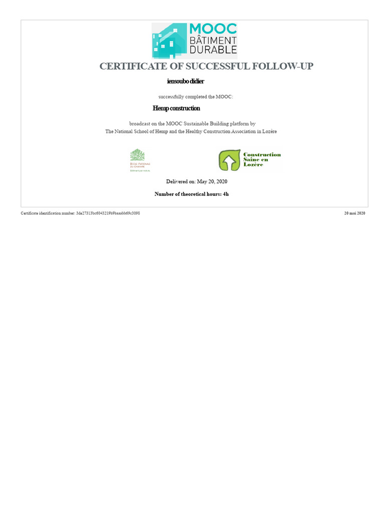 Certificate NATIONAL SCHOOL OF HEMP MOOC Hemp Construction - MOOC ...