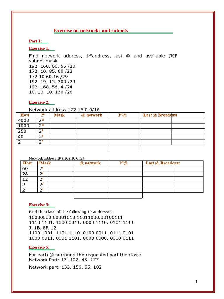 Exercise On Networks and Subnets | PDF | Computer Network | Ip Address