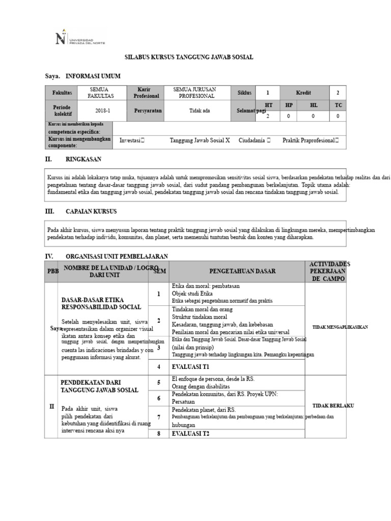 Silabus Tanggung Jawab Sosial 2018-1 | PDF