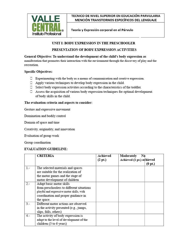 Evaluation Guideline for Motor Activity in Body Expression | PDF | Child Development | Learning