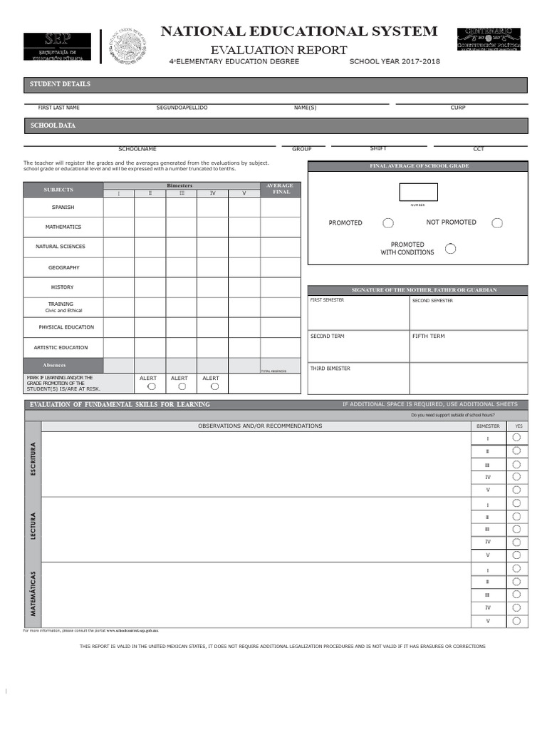 Printable Report Card 4th Grade | PDF