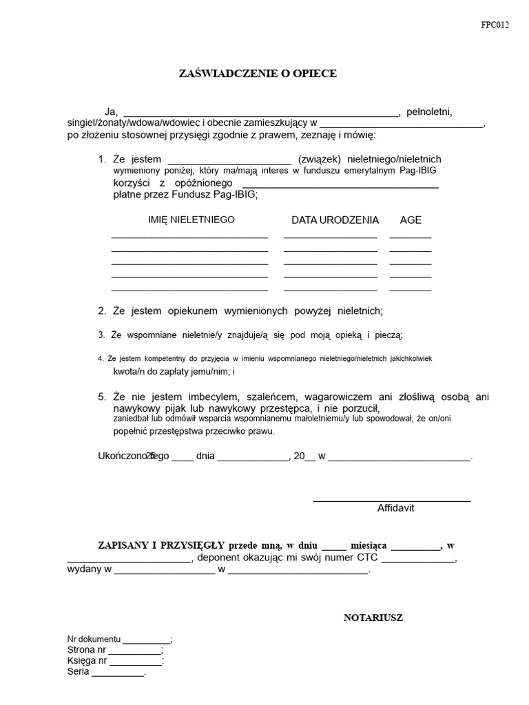 Pag Ibig FPC012 Oświadczenie Opiekuna - F PDF | PDF