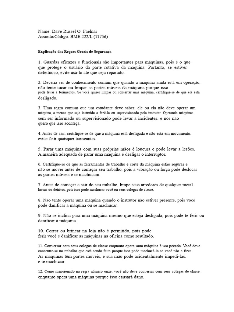 Regras de Segurança em Máquinas e Laboratórios | PDF | Martelo ...