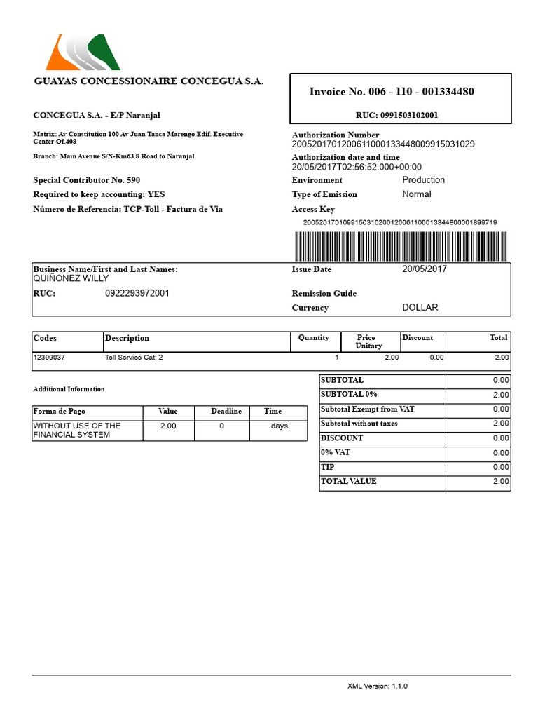 Guayas Concessionaire Concegua SA - Invoice - 006-110-001334480 - Ride ...