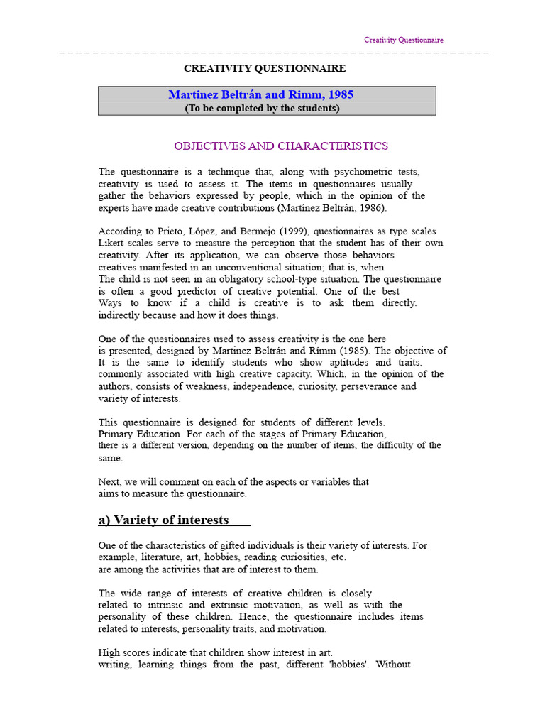 Creativity Assessment Questionnaire for Students | PDF | Creativity ...