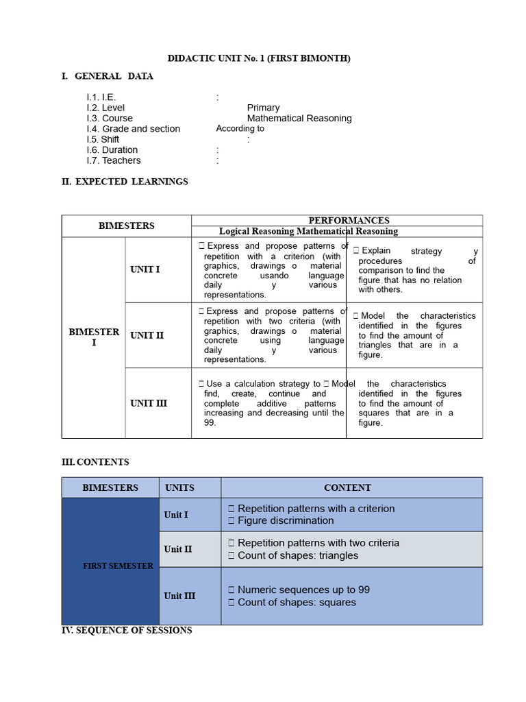 1 Didactic Unit For 2ND Grade - Mathematical Reasoning | PDF | Shape | Cognition