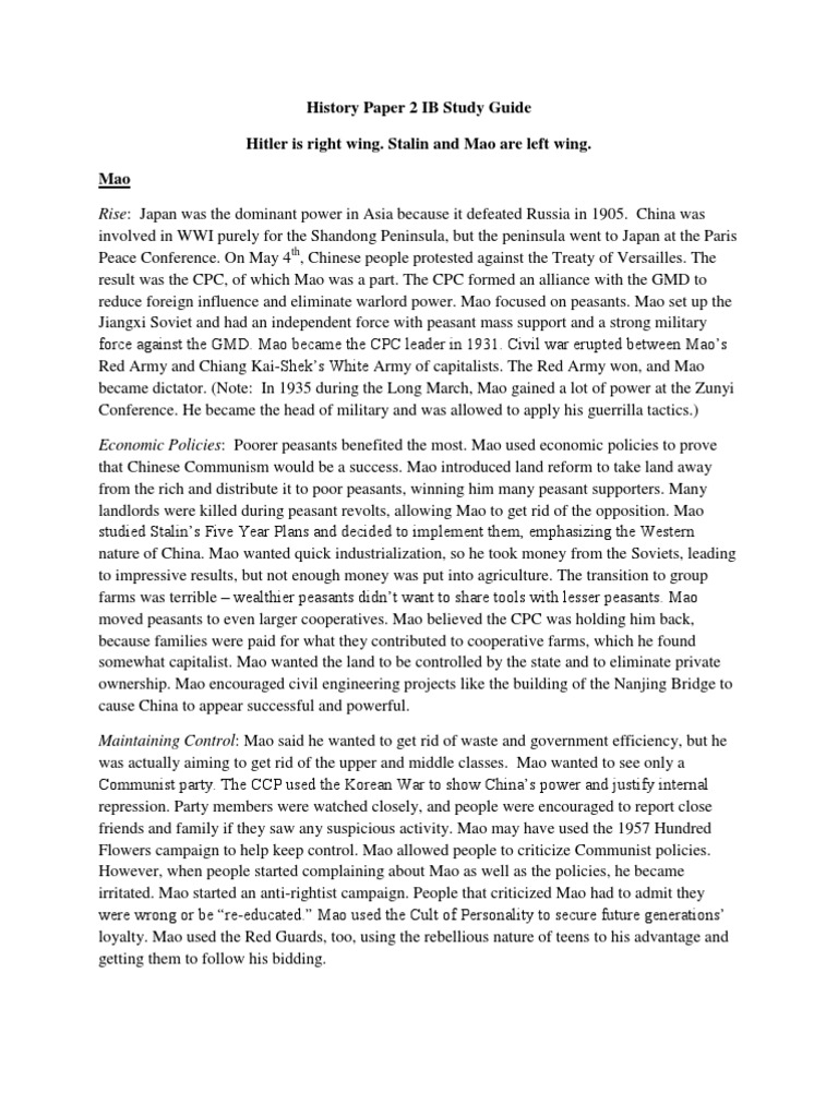 History Paper 2 IB Study Guide | PDF | Mao Zedong | Joseph Stalin