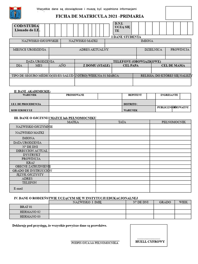 ARKUSZ REJESTRACYJNY 2021 WZÓR.docx | PDF