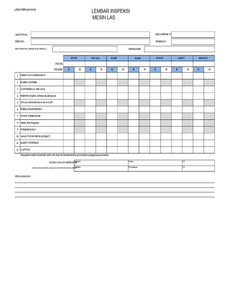 Format Inspeksi Harian Mesin Las | PDF