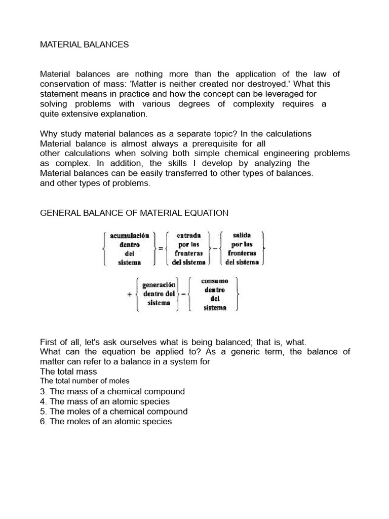 Material Balances in Chemical Engineering | PDF | Mass | Mole (Unit)