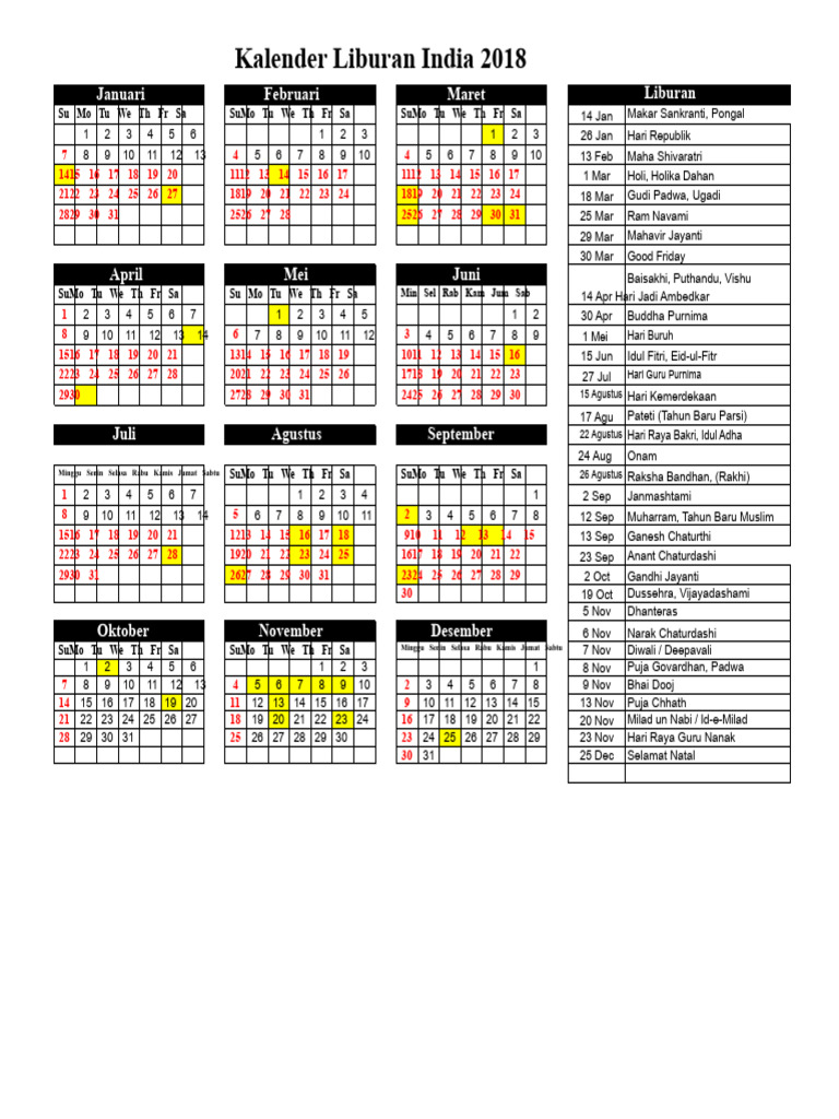 Kalender Liburan India 2018 | PDF