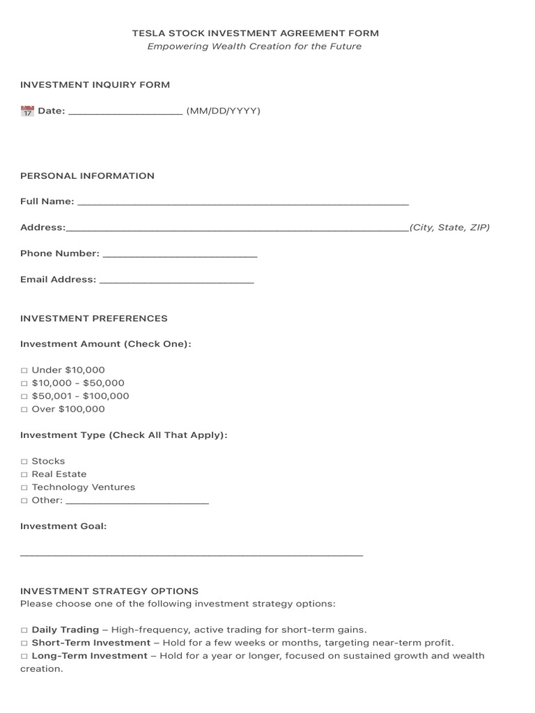 Tesla Stock Investment Agreement Form | PDF | Investing | Stocks