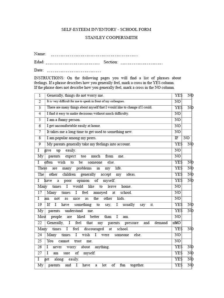 School Self-Esteem Inventory Form | PDF | Self Esteem | Human Development